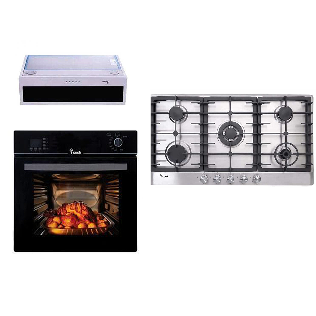 Ustores | i-Cook Built-In set 90 cm, Gas Hob, Gas Oven 60 cm, Slim Hood